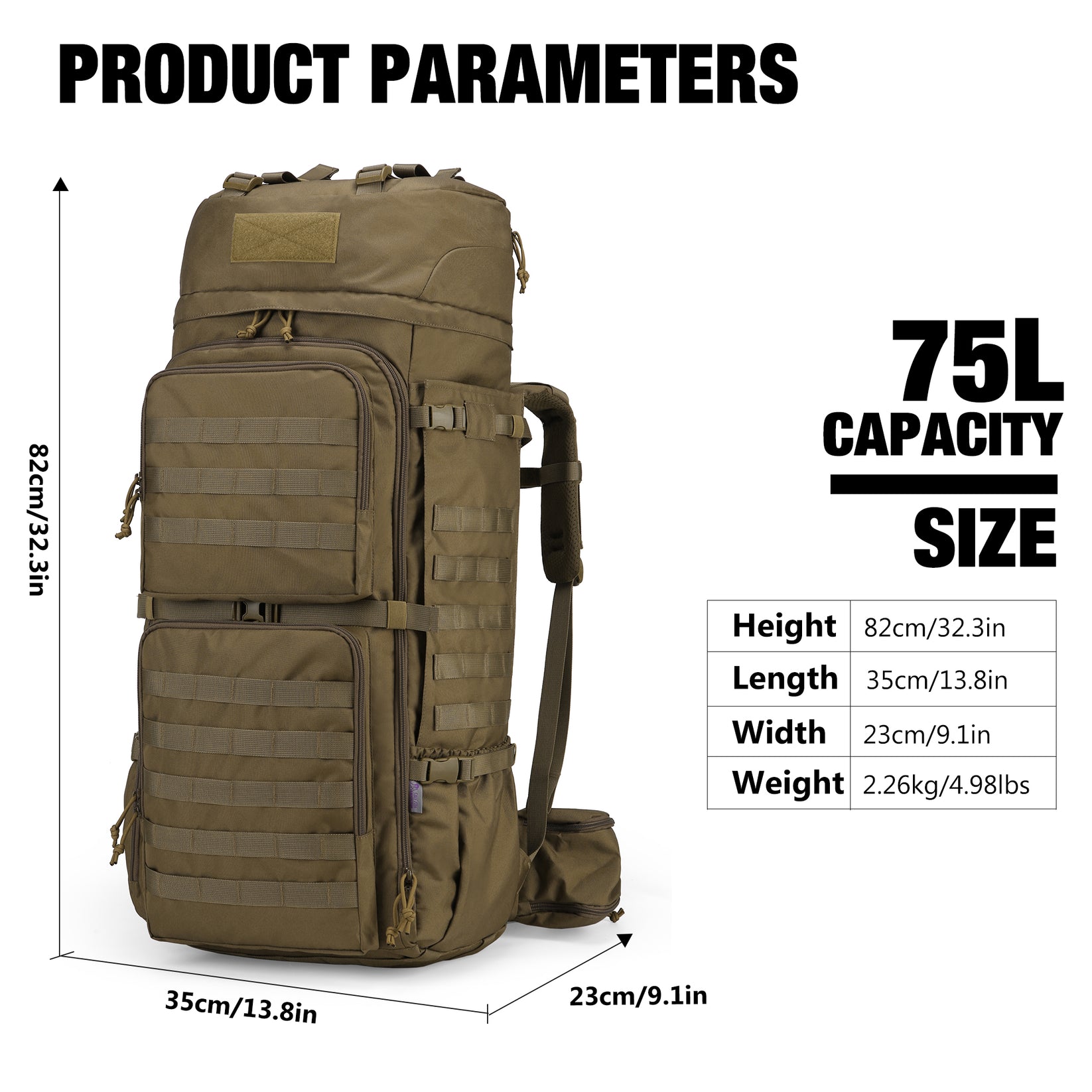 Mardingtop 75L Molle Hiking Internal Frame Backpacks with Rain Cover ...