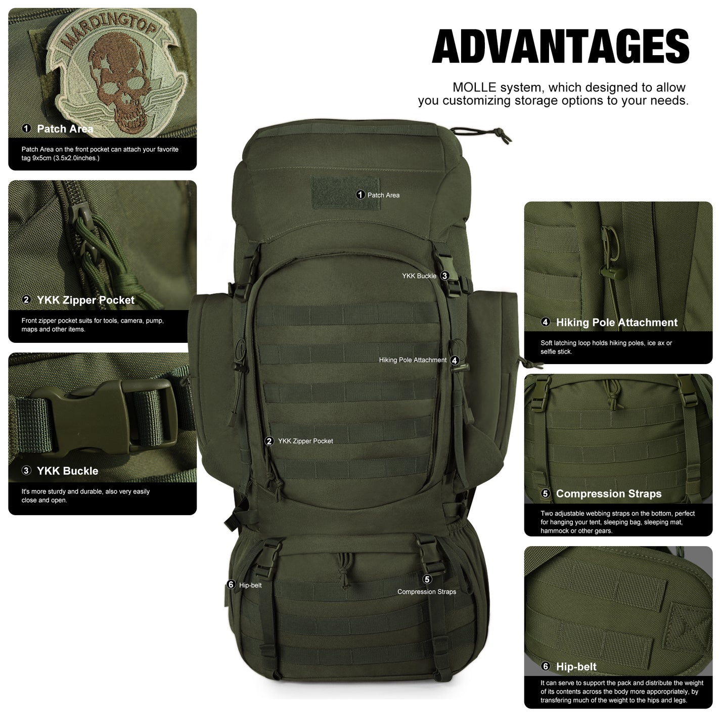 Mardingtop 60L Molle Hiking Internal Frame Backpacks with Rain Cover ...