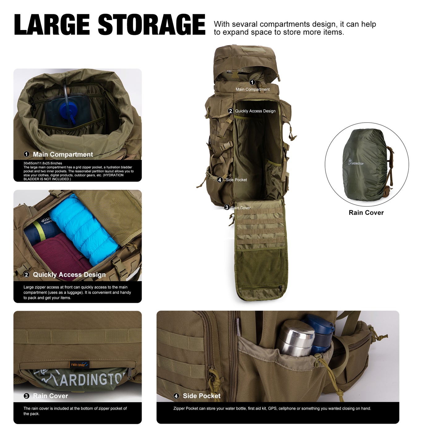 Mardingtop 70L Hiking Internal Frame Backpacks with Rain Cover Black